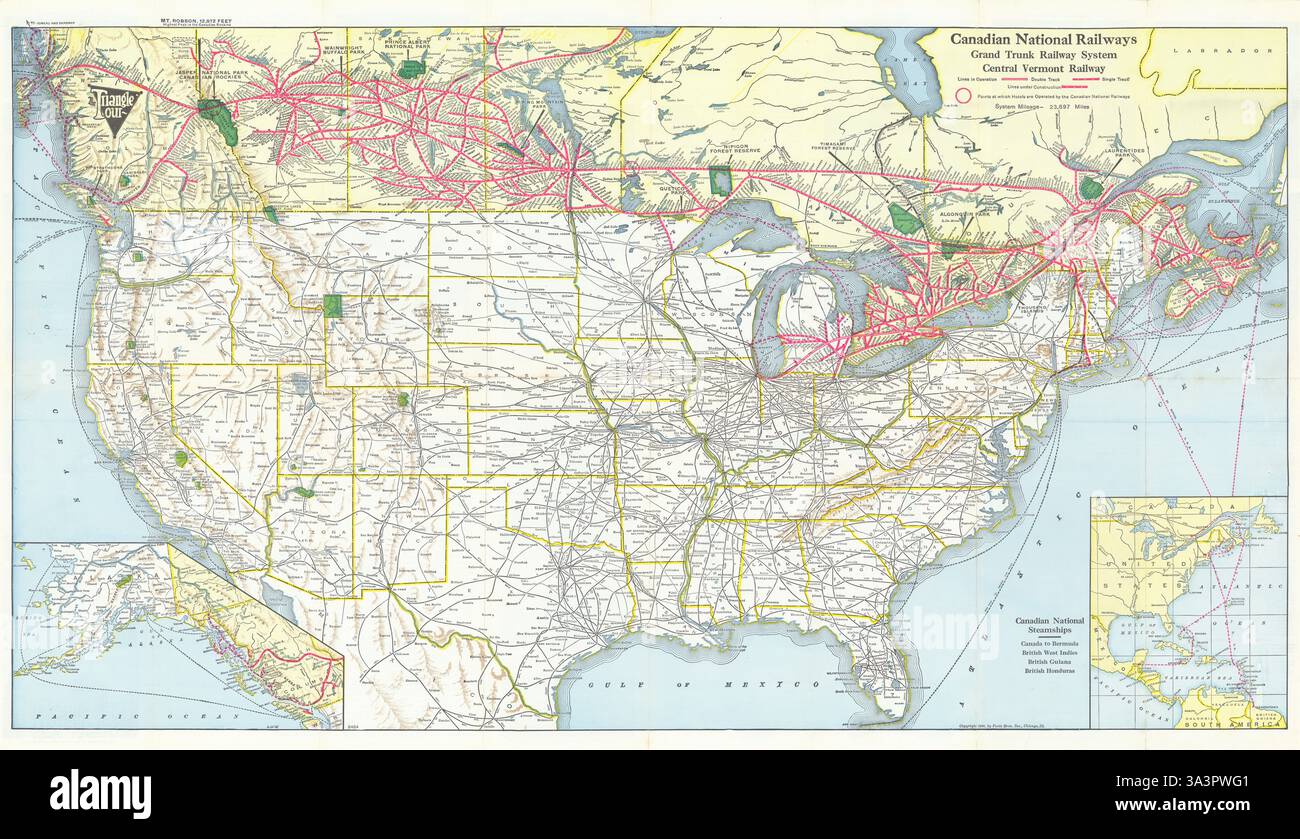 Canadian National Railways network system map. Grand Trunk. Central ...