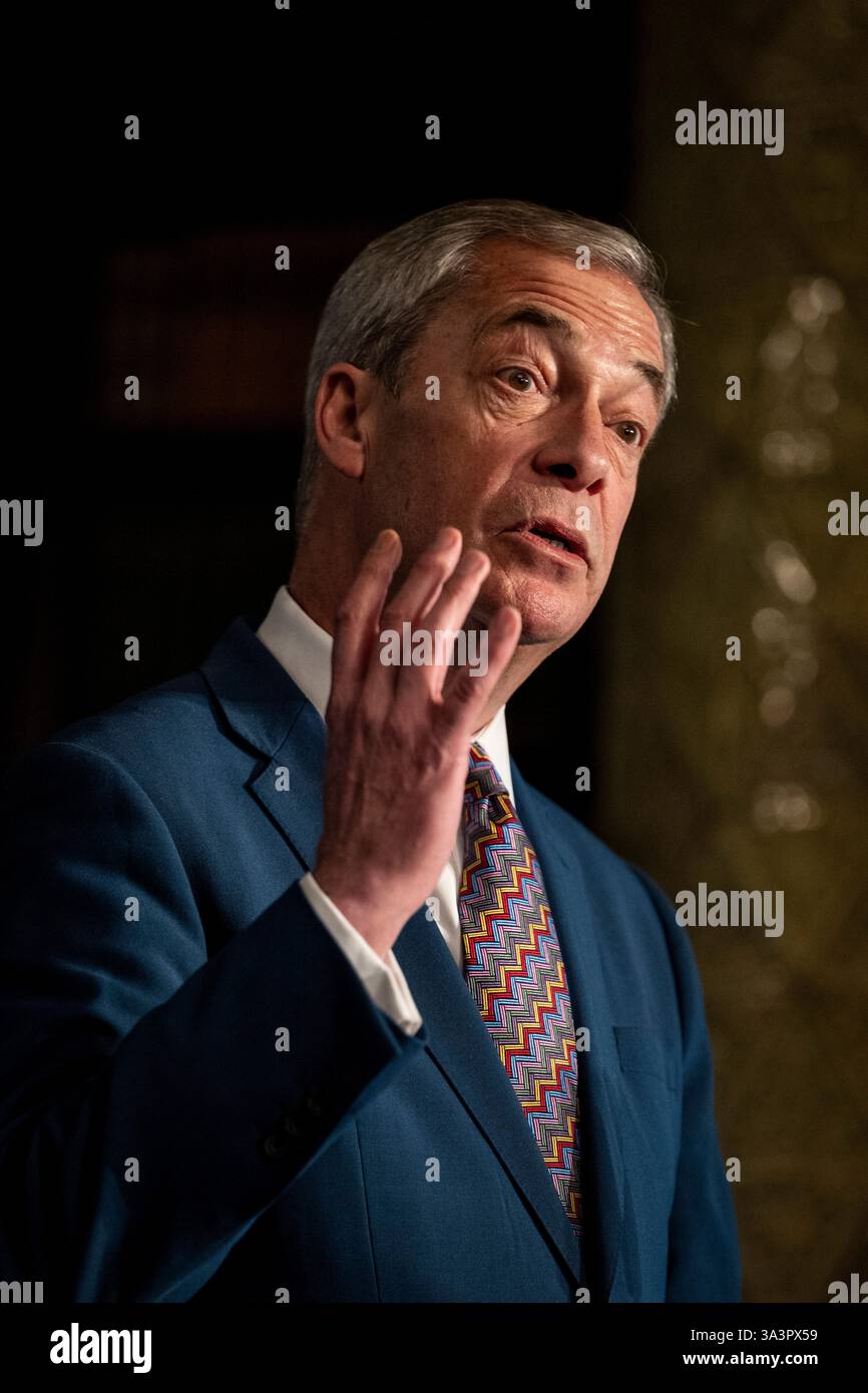 London, UK. 17 March 2025. Nigel Farage MP, Leader of Reform UK, speaks ...