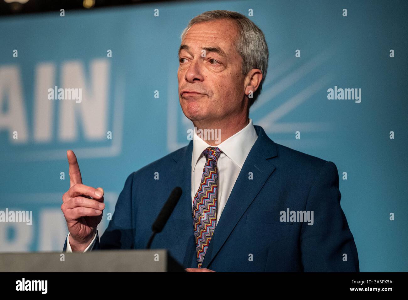 London, UK. 17 March 2025. Nigel Farage MP, Leader of Reform UK, speaks ...