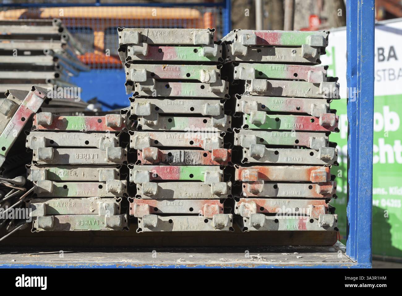 Construction material steel girder on the loading area of a lorry ...