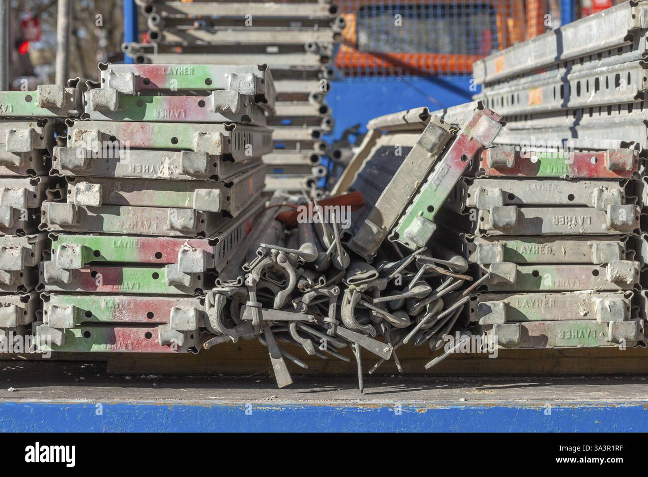 Construction material steel girder on the loading area of a lorry ...