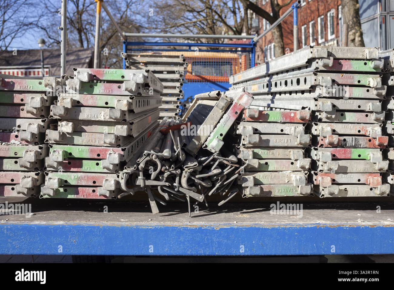 Construction material steel girder on the loading area of a lorry ...