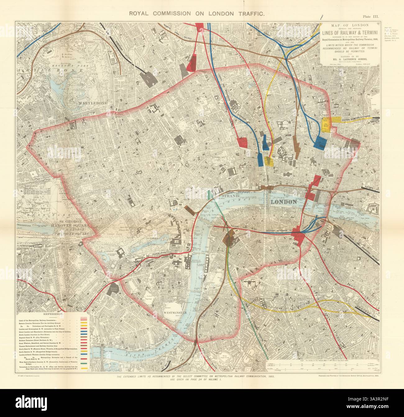 London proposed railway lines & termini. 1846 Royal Commission limits ...