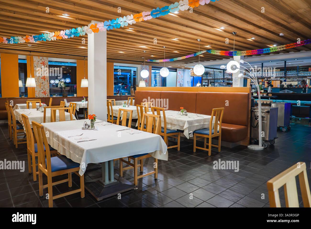 Luxury Hotel Restaurant Interior with Festive Decor and Bar Area Stock ...