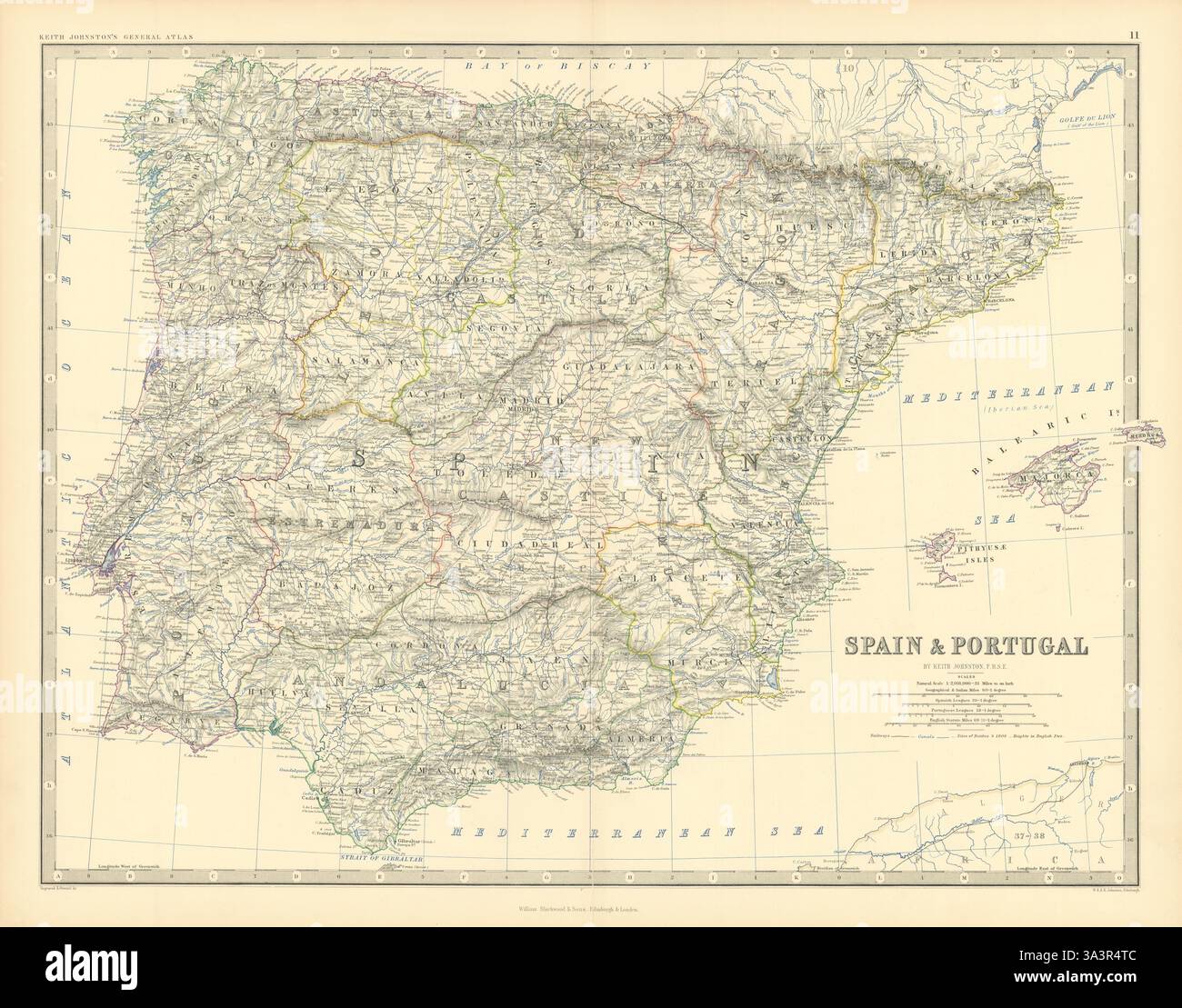 Spain & Portugal. Iberia & Balearics. Large 50x60cm. JOHNSTON 1876 old ...