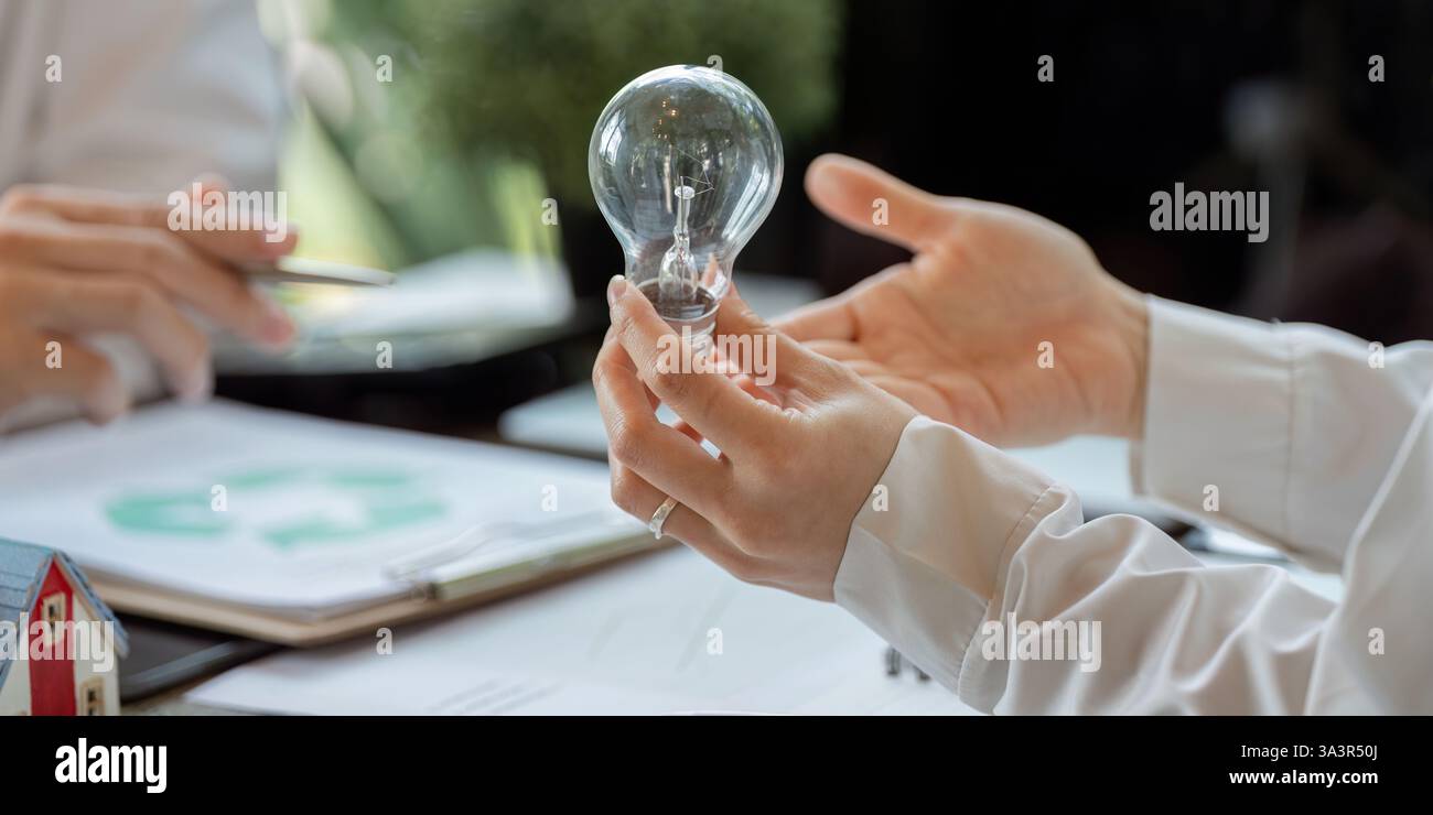 Renewable Energy and Collaboration. A team member showcasing a light ...