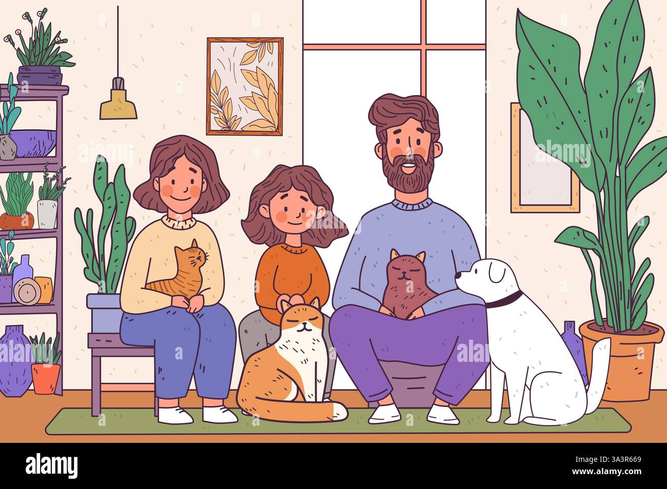 Family with pets cozy home scene illustration. Happy family sitting ...