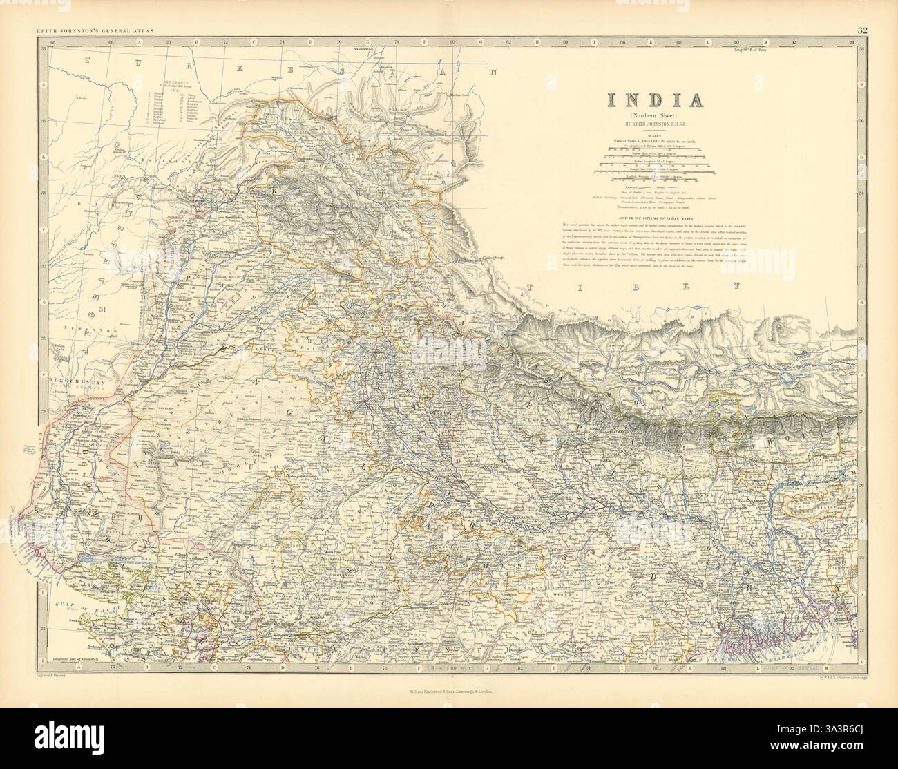 India (North) Nepal Bhutan Himalayas Kashmir Tibet 50x60cm. JOHNSTON ...