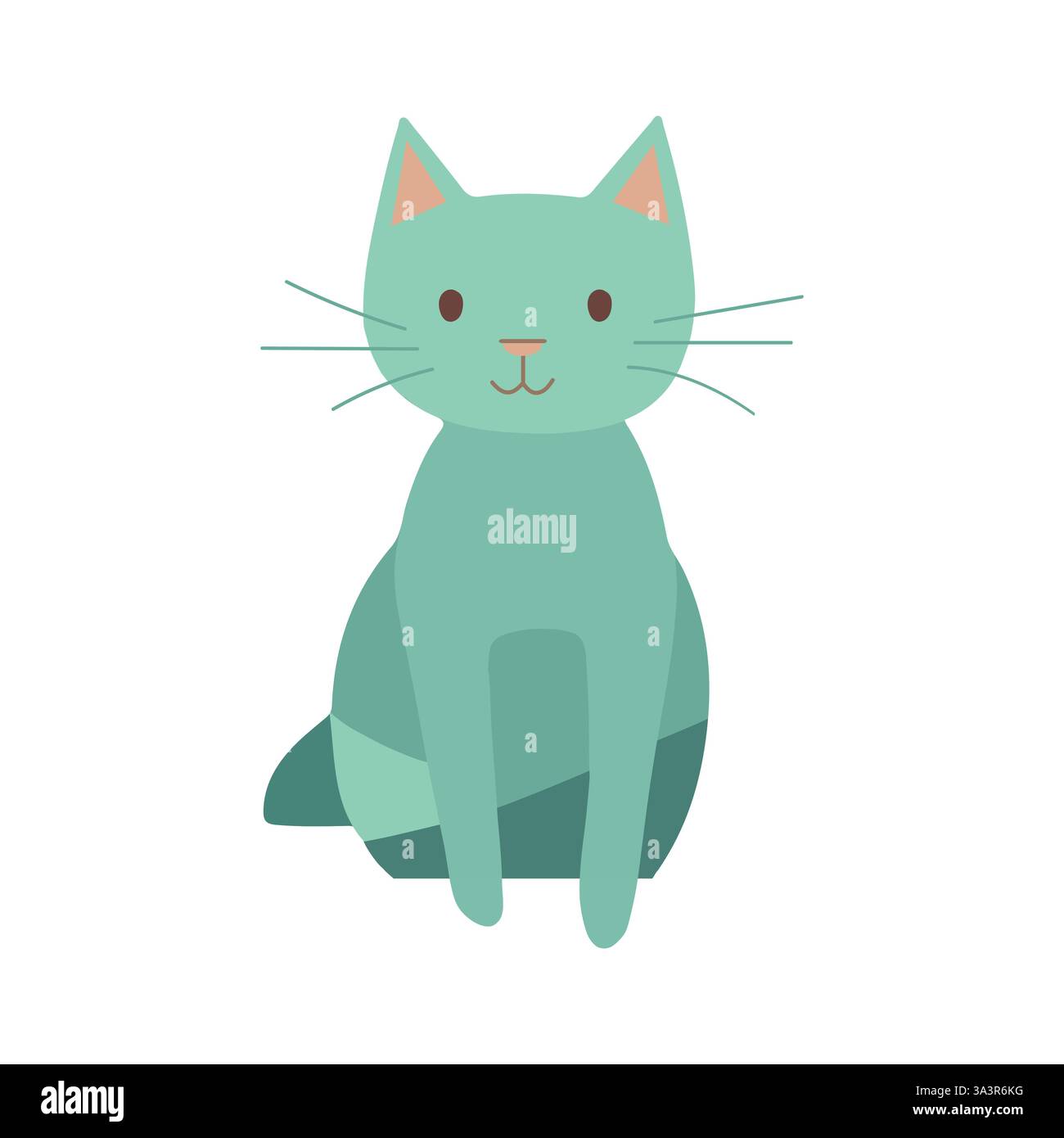 Cute teal green cartoon cat sitting with a happy expression, isolated ...