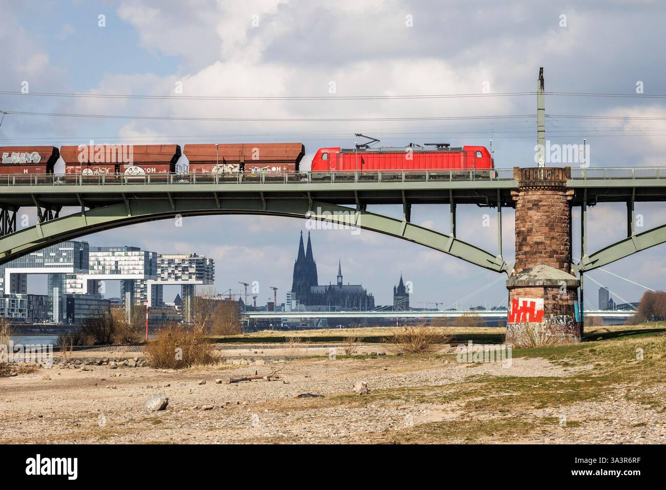 freight train on the Suedbruecke (South bridge), view to the cathedral ...