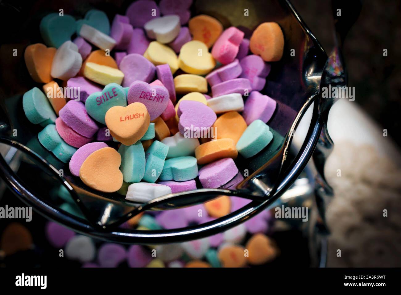 Heart shaped candies in a candy dish at Chesapeake, Virginia Stock ...