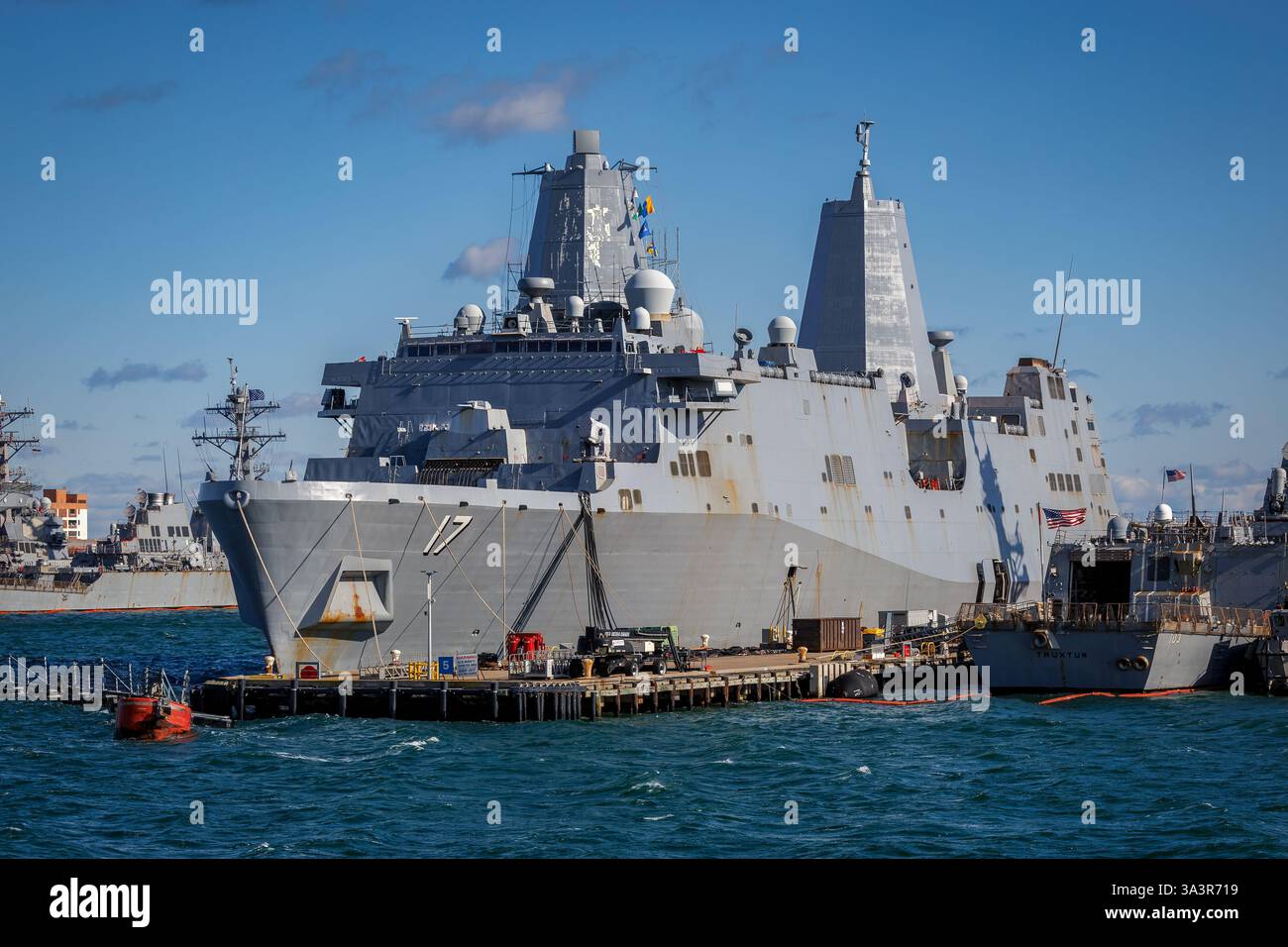 The USS San Antonio (LPD-17), an amphibious transport dock, sits at her berth in Norfolk ...