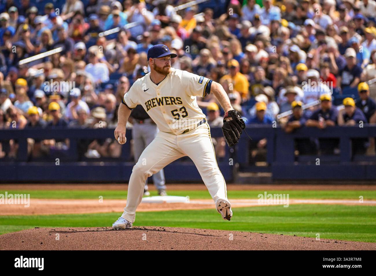 Milwaukee Brewers pitcher Brandon Woodruff (53) throws against the ...
