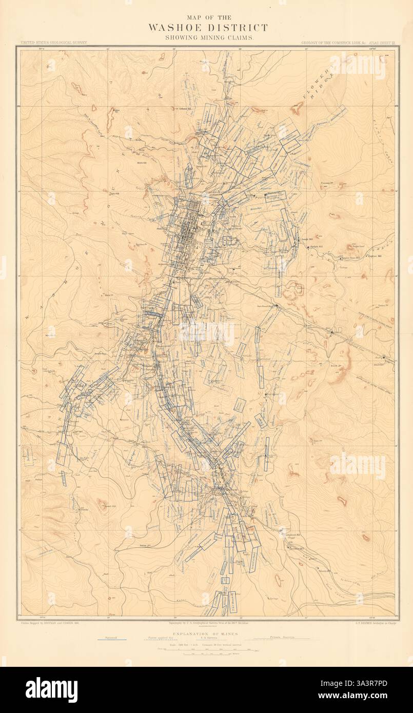 Washoe District showing Comstock Silver Lode Mining Claims. BECKER 1882 ...