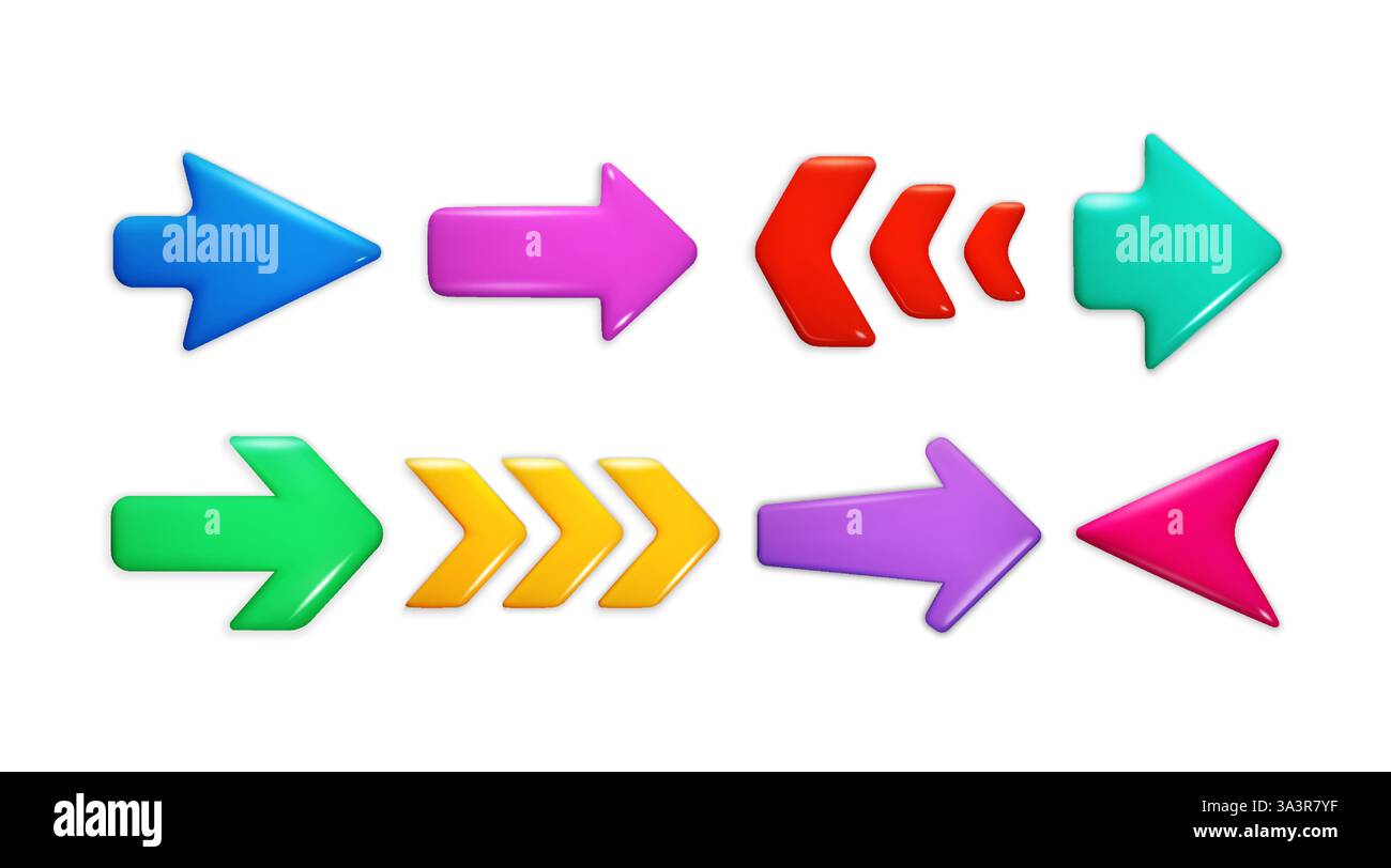 3d arrow. Down, right glass icon or cursor direction, next up or left render. Cute digital ...