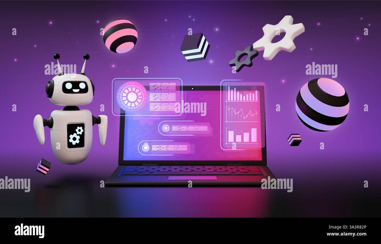 AI robot. 3D tech digital data. Chatbot support agent as artificial intelligence interface ...