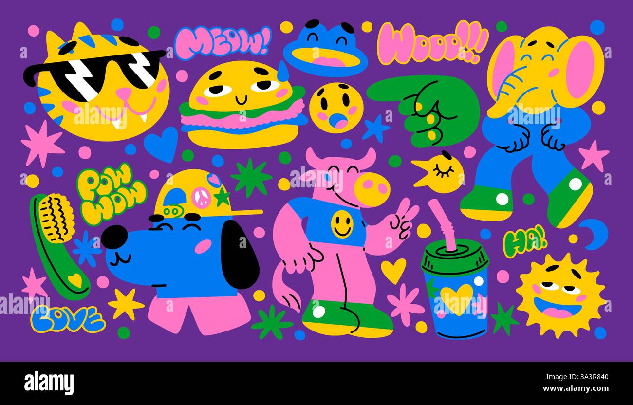 Party stickers. Pop art funny abstract collage with emoji shapes. Retro ...