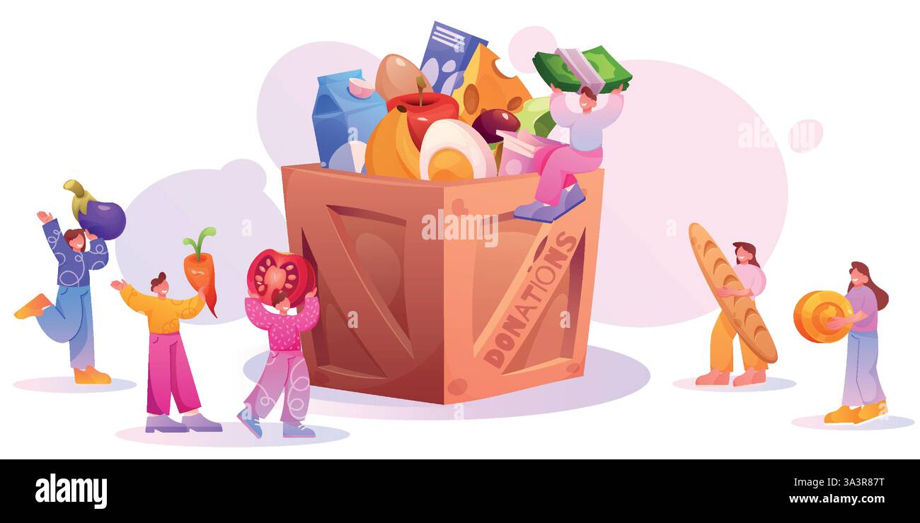 Food donate. Charity box, volunteer drive and help tiny people in ...