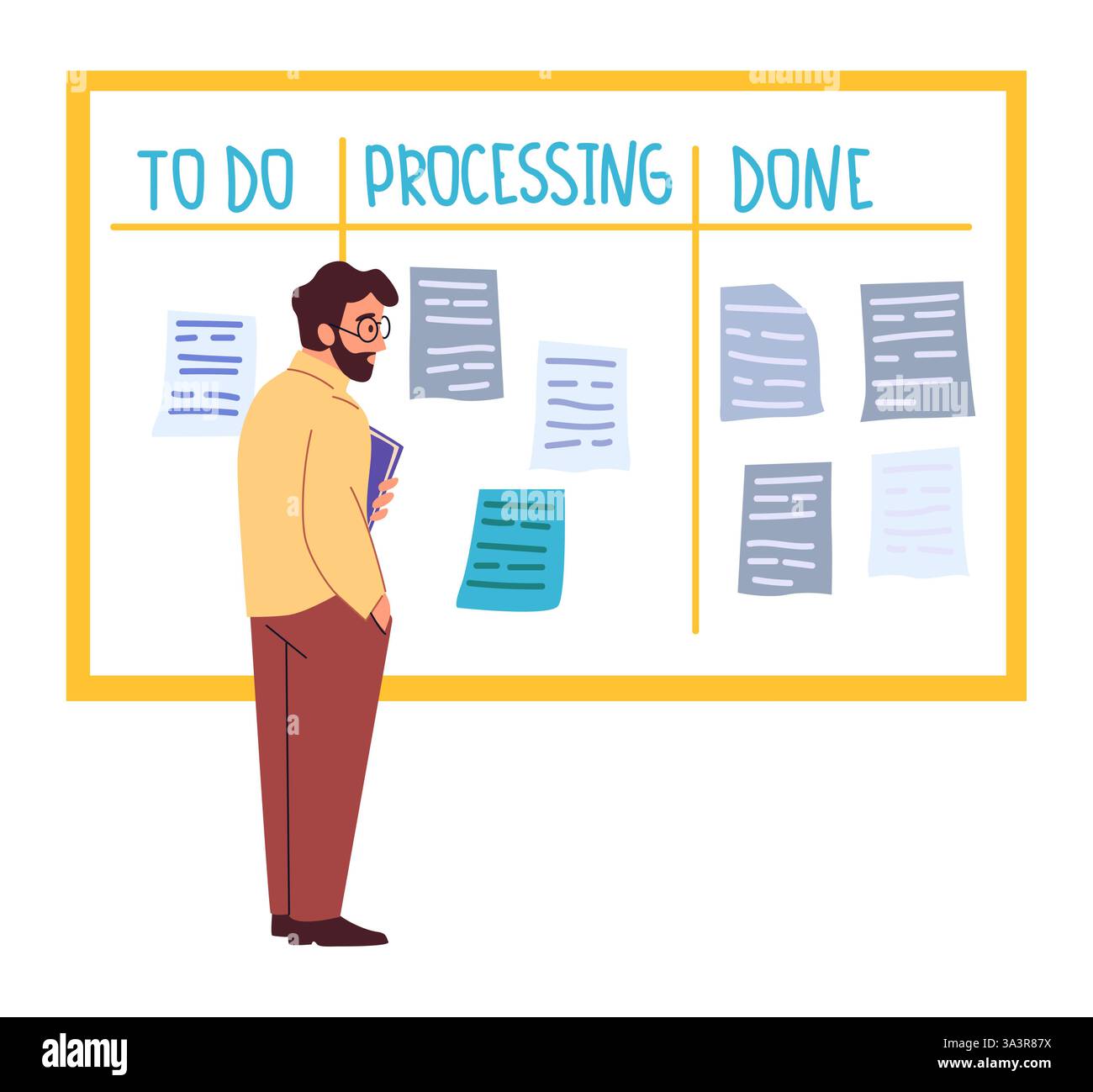 Planning schedule. Time management. Kanban board. Man reading book and ...