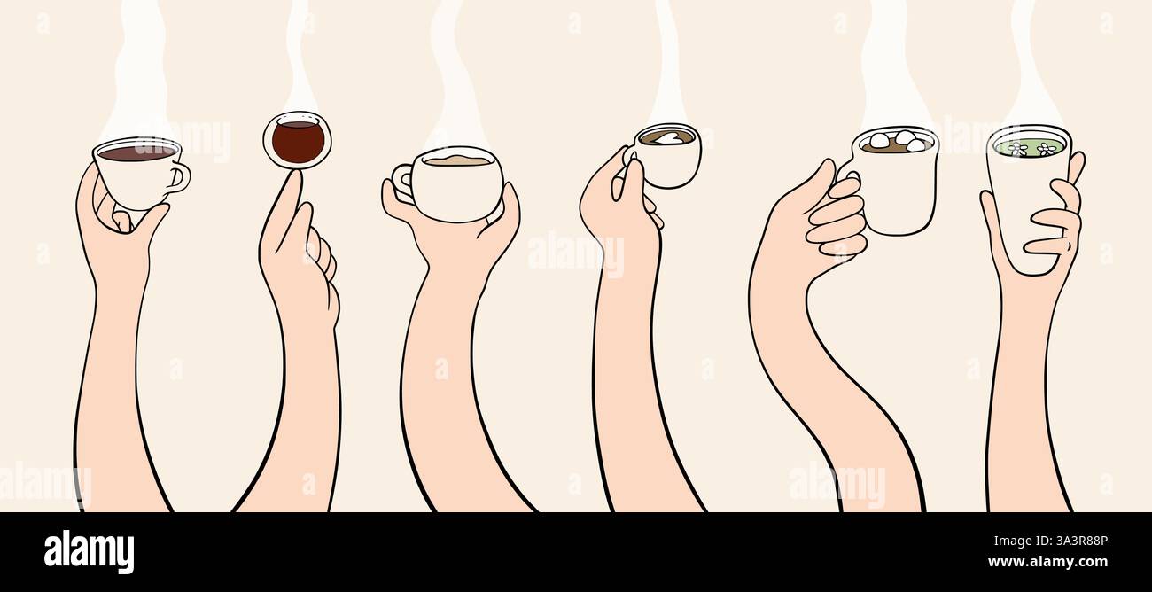 Coffee cup. Happy cafe characters hold hot beverages, retro hand drawn ...