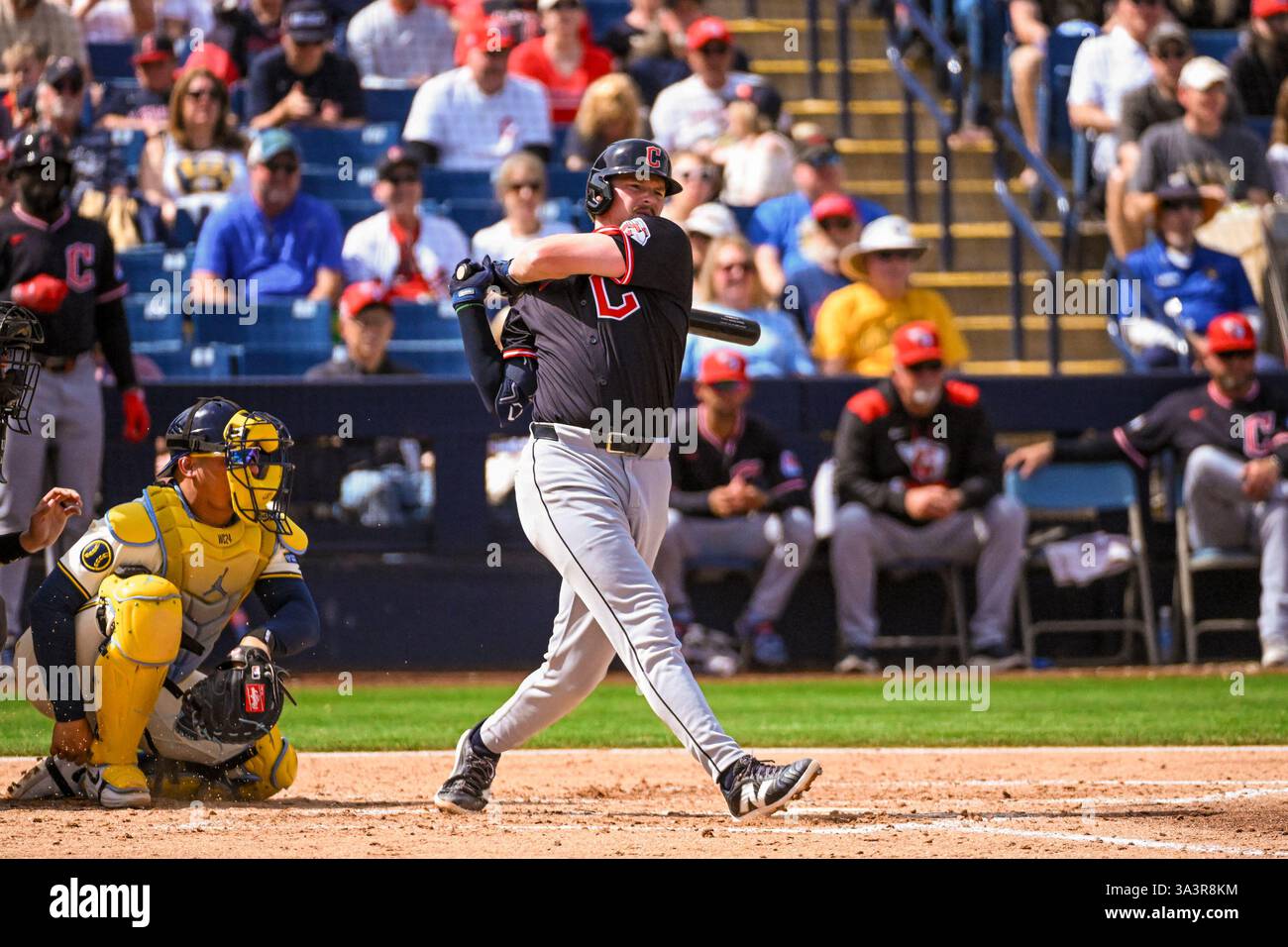 Cleveland Guardians first base Kyle Manzardo (9) strikes out in the ...