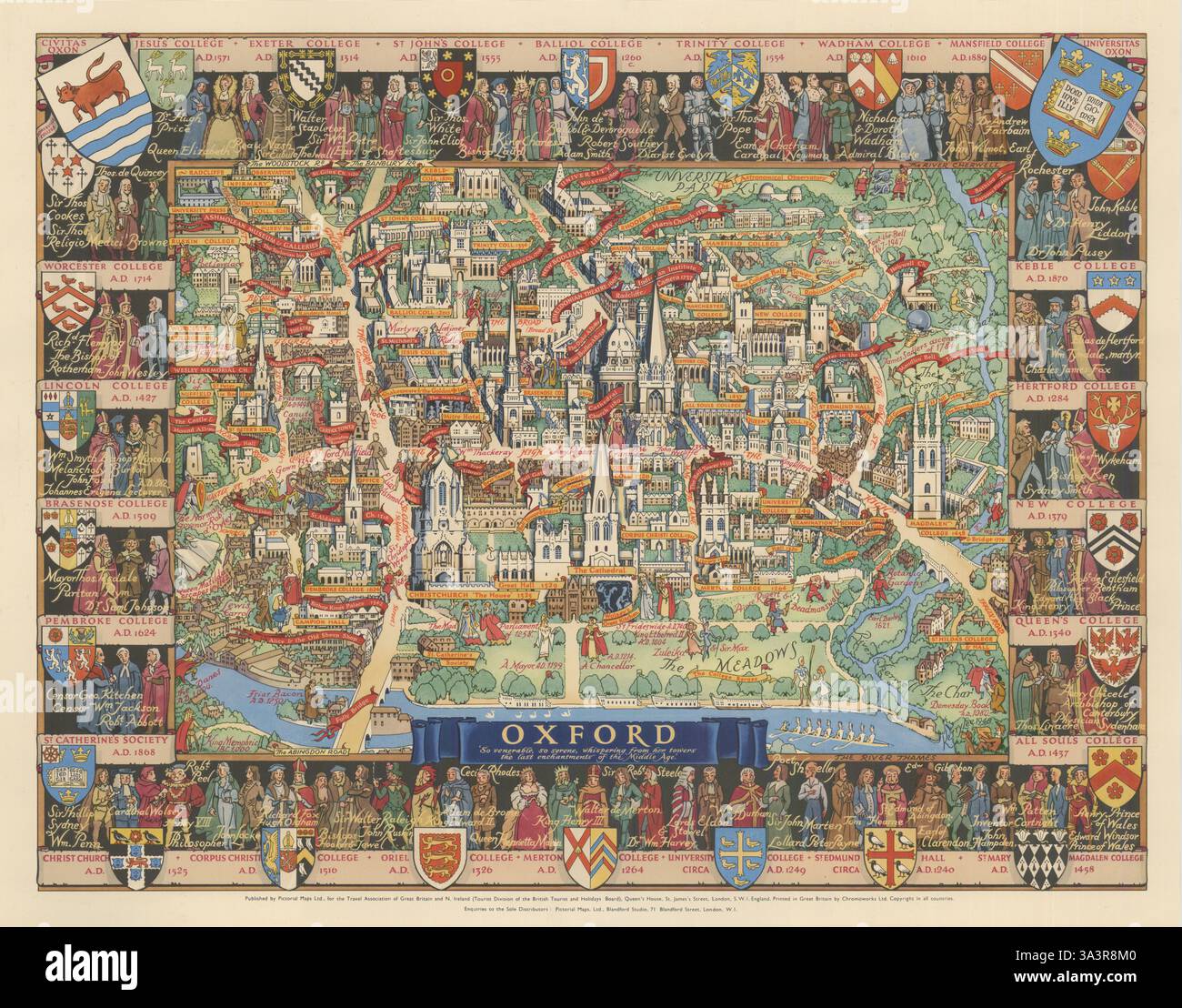 Oxford "So venerable, so serene…" Pictorial map by Kerry Lee 1948 old ...