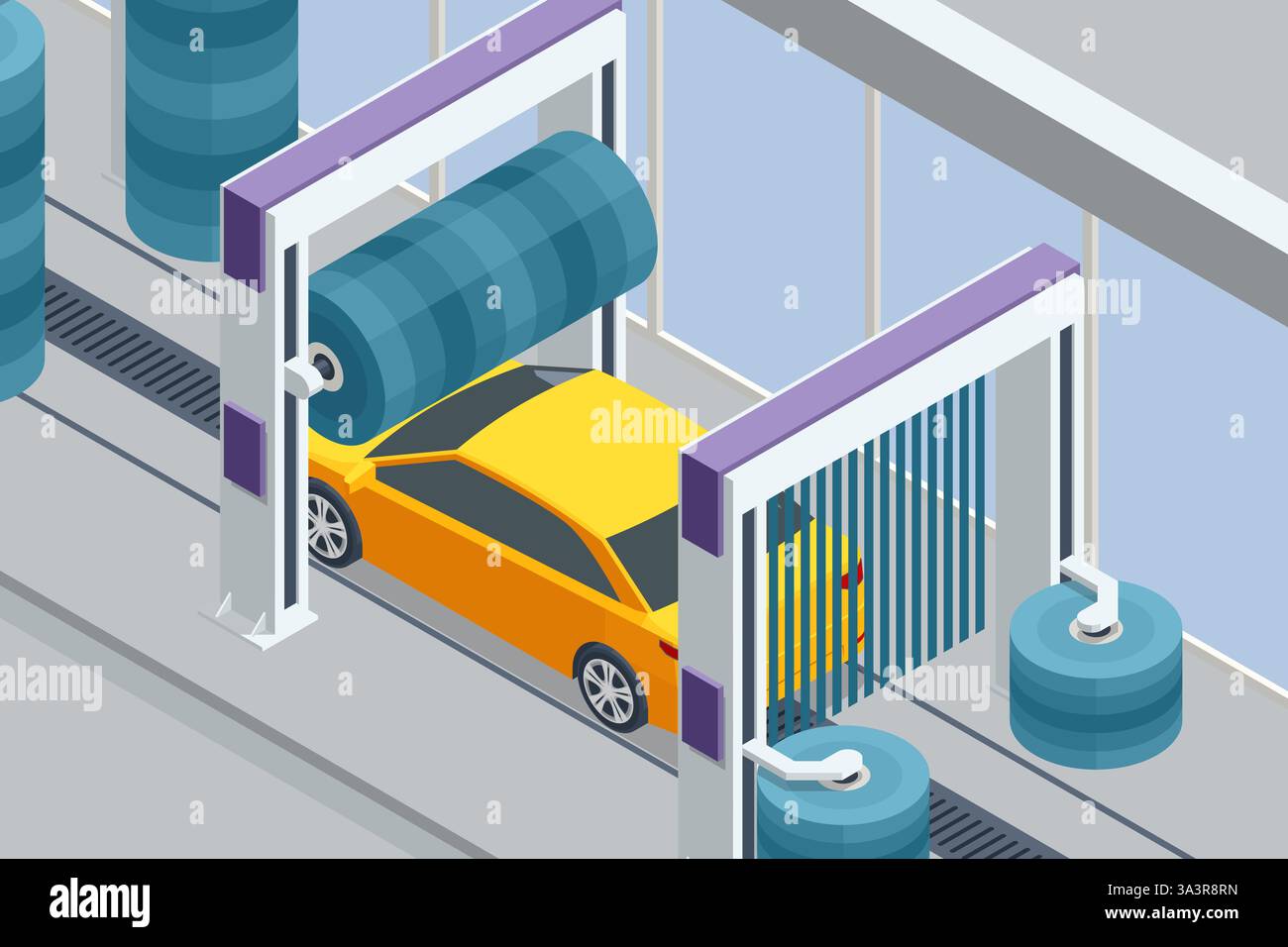Isometric yellow car is inside an automatic car wash tunnel. Large ...