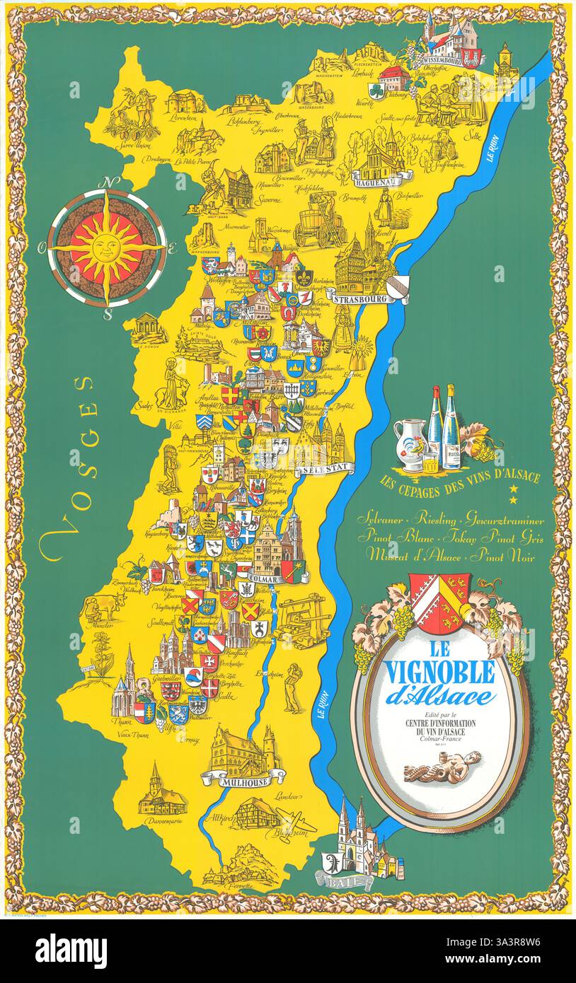 Le Vignoble d'Alsace. Alsace wine region map by Willy Fischer 1950 old ...