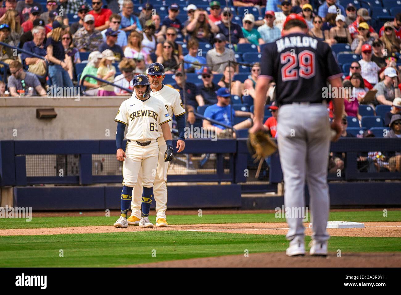 Milwaukee Brewers second base Caleb Durbin (63) takes his lead off of ...