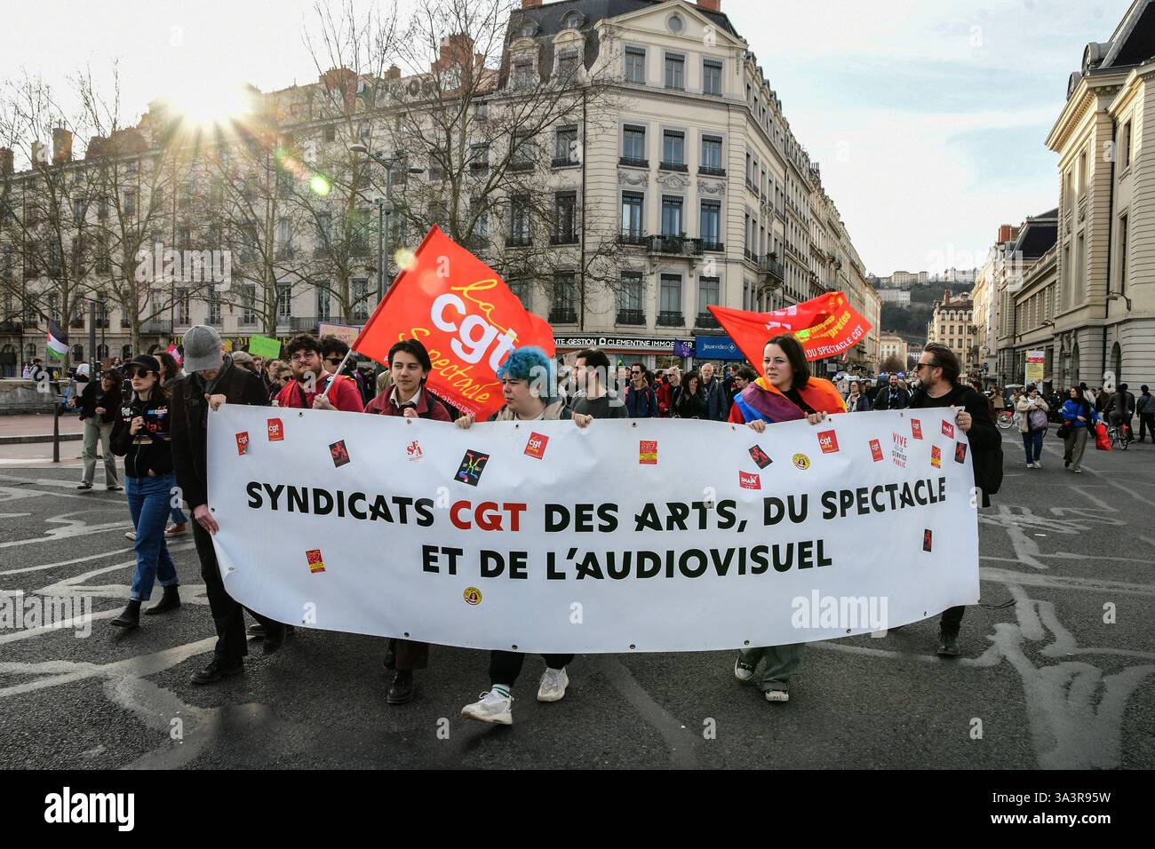 Lyon, France. 08th Mar, 2025. Protesters from the CGT art and ...