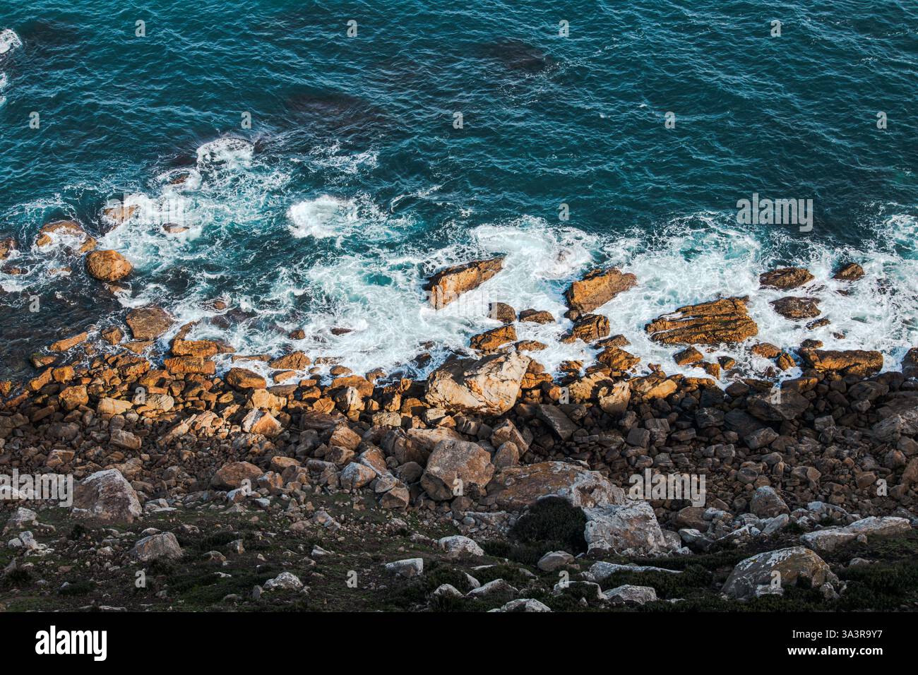 Atlantic Ocean. Aerial view of ocean waves and rocky coast. Rocky shore. Blue ocean. Sea waves ...