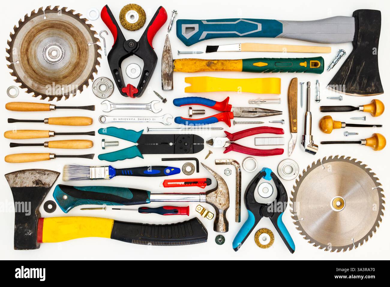 Flat lay of new and used hand tools on white background. Large ...