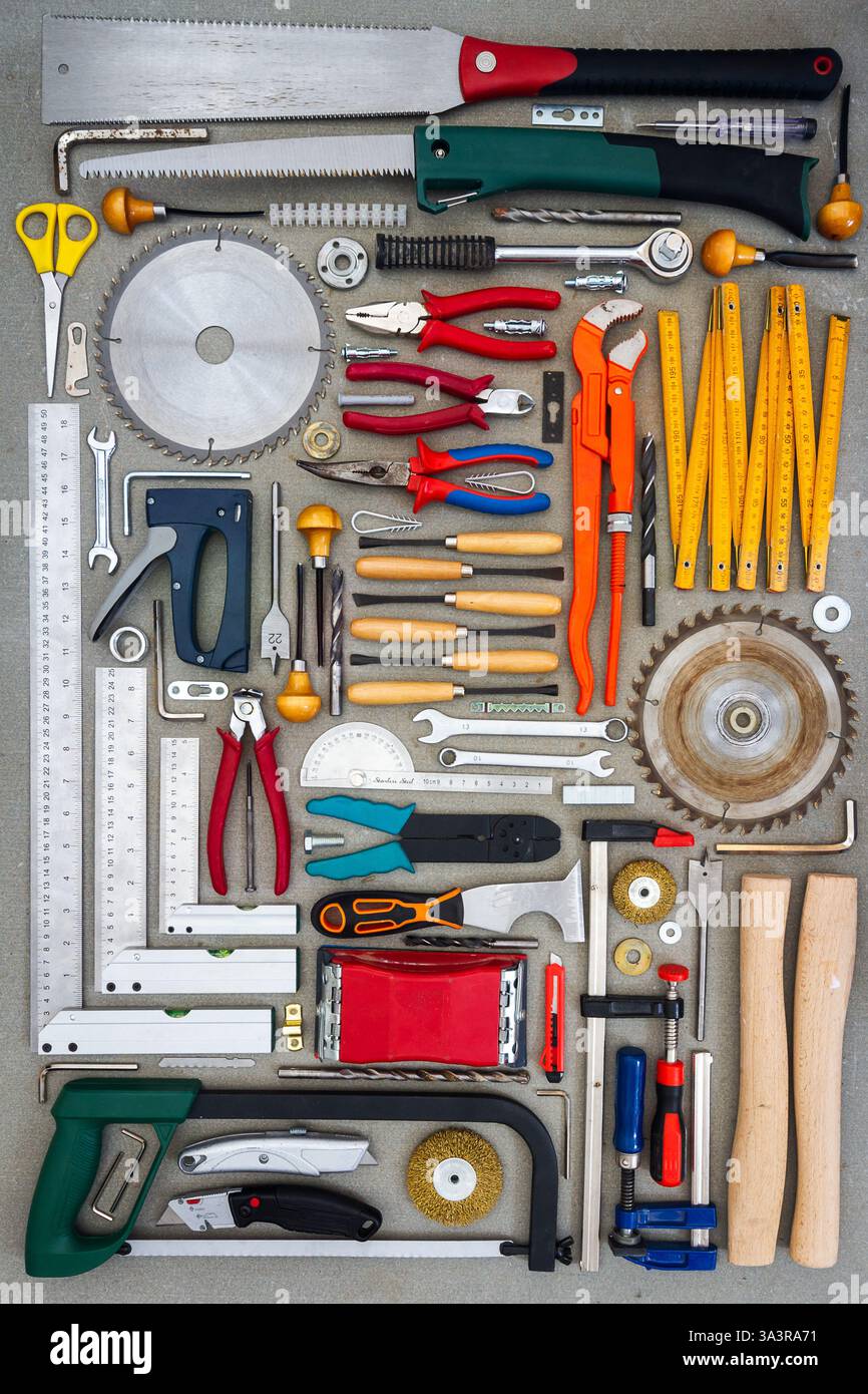 Flat lay of old hand tools on white background. Large collection of ...