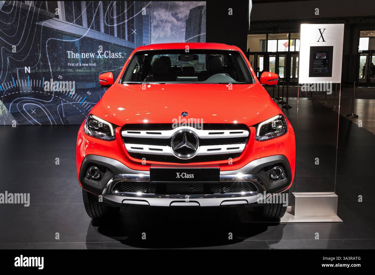 Mercedes Benz X-Class pickup truck at the Brussels Autosalon Motor Show. Belgium - January 10 ...