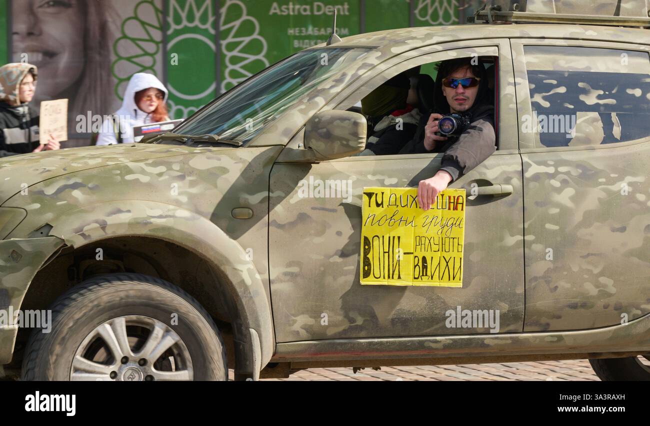 Kyiv, Ukraine - 16th March, 2025: Crowds gather on Volodumirska street ...