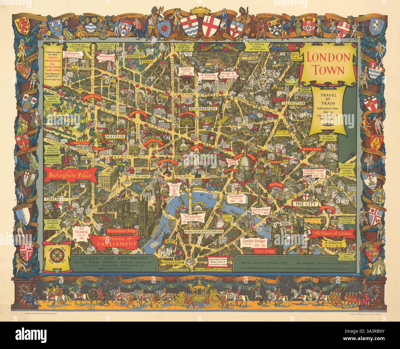 London Town - Travel by Train. 116x94cm Pictorial map by Kerry Lee ...