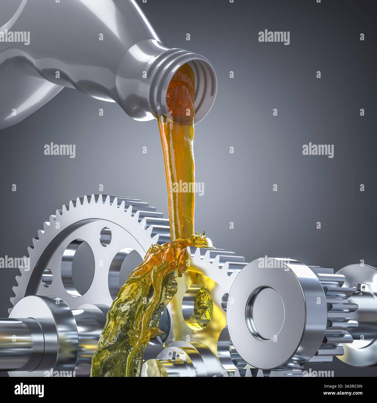 Lubricating oil pouring on industrial gears from plastic bottle 3d ...