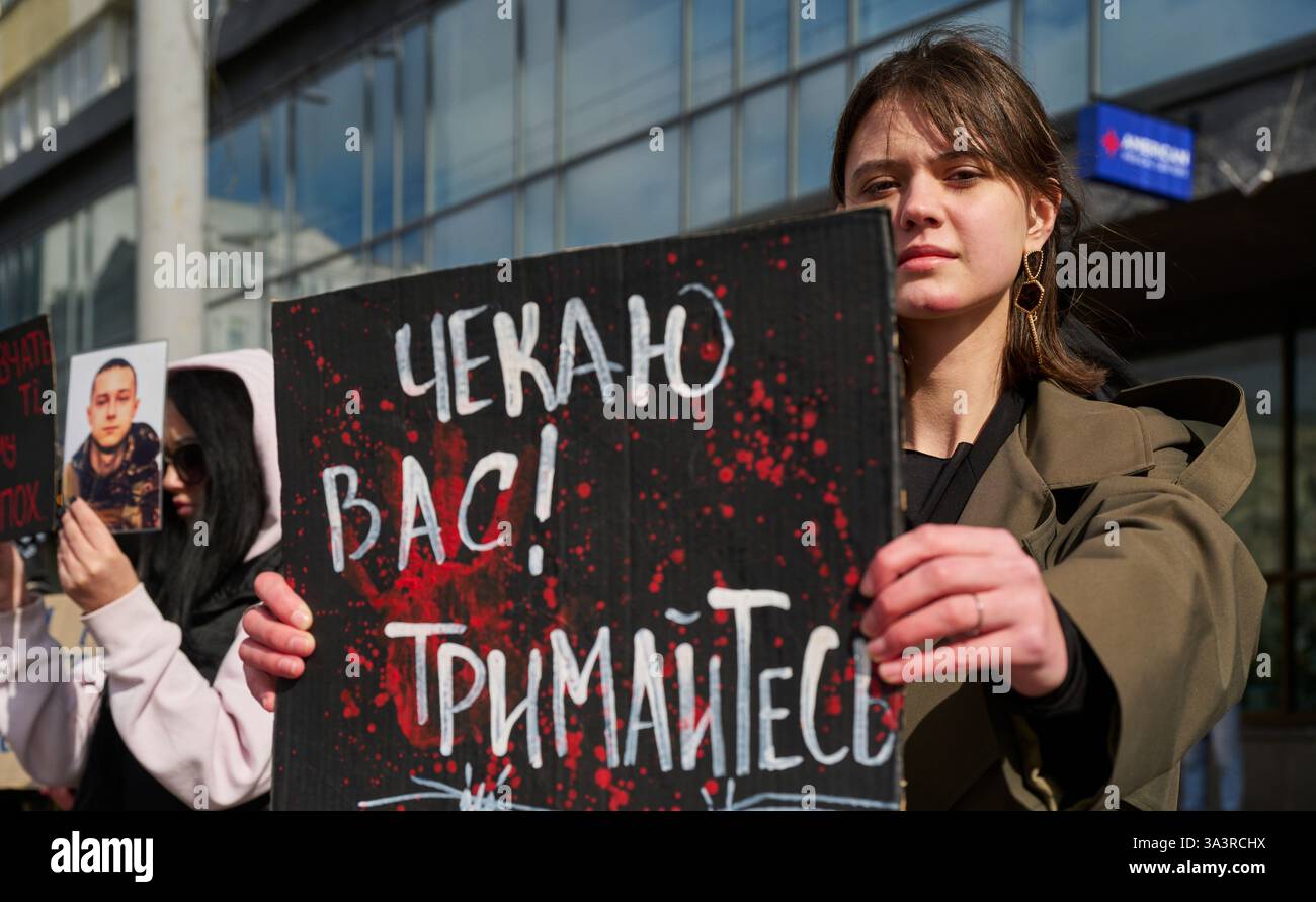 Kyiv, Ukraine - 16th March, 2025 People rally on Volodumirska street ...