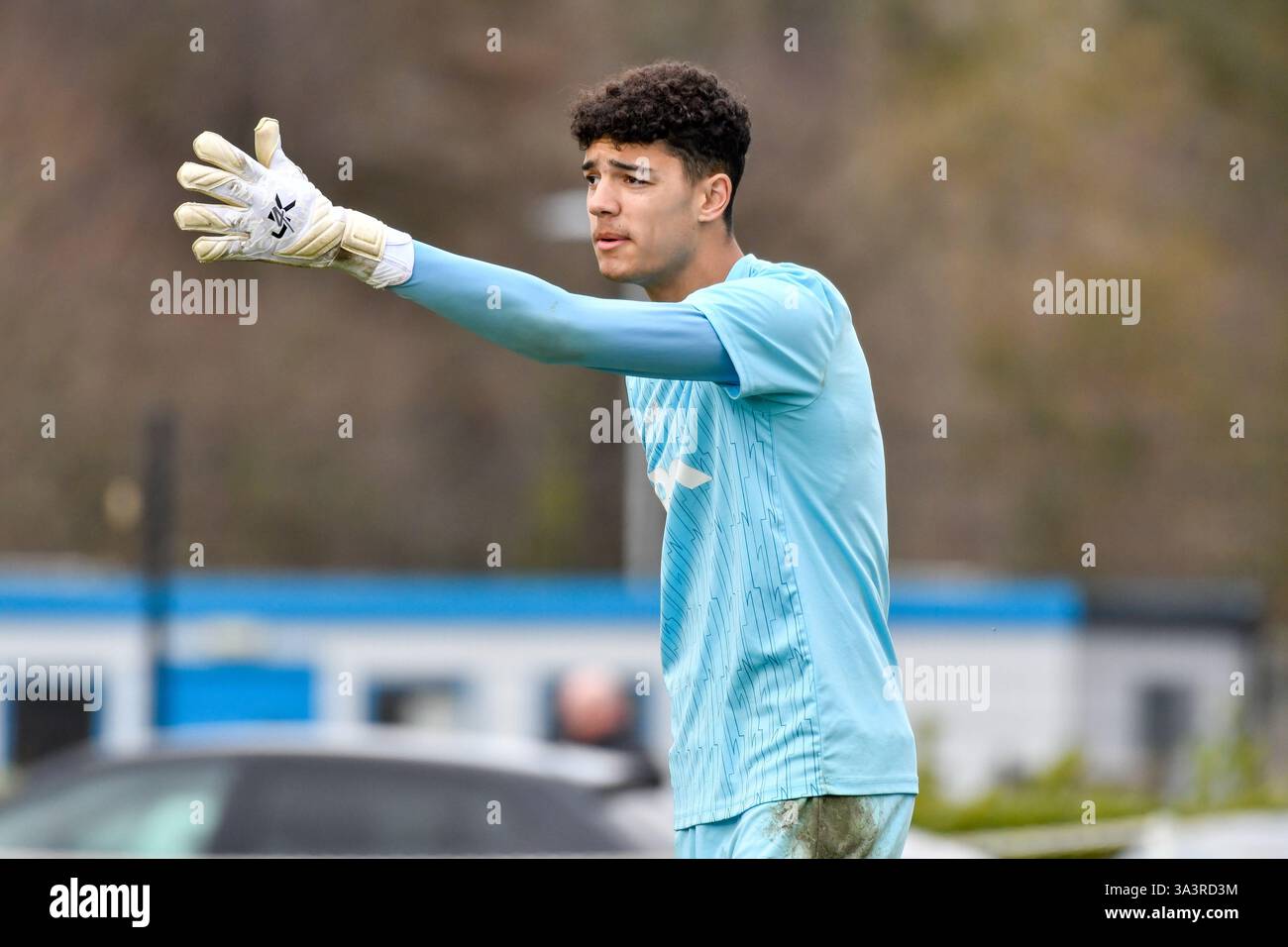 Landore, Swansea, Wales. 15 March 2025. Goalkeeper Logan Williams of ...