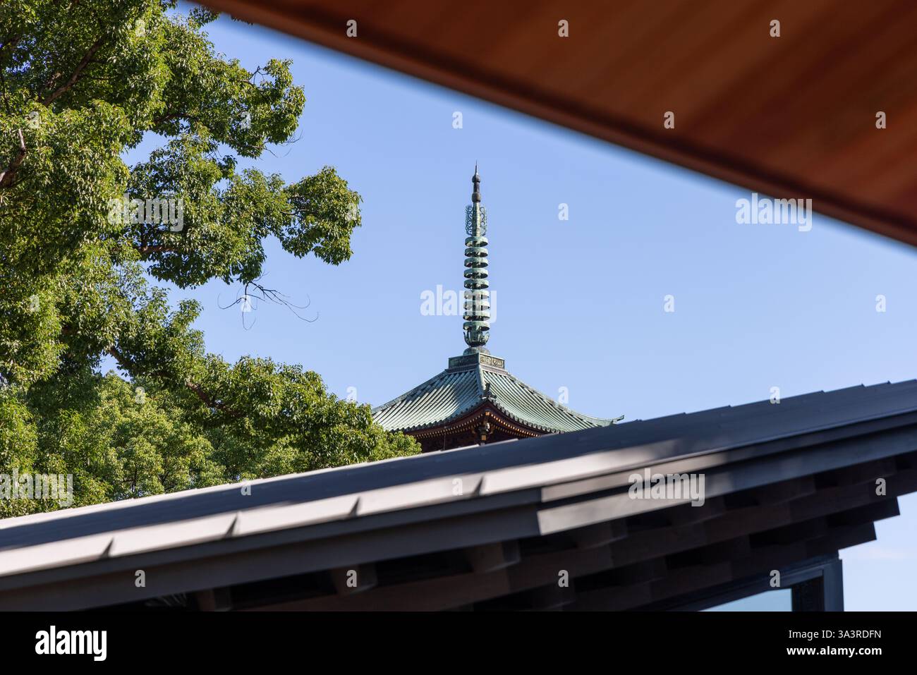 The intricate finial of a Japanese temple emerges between architectural ...