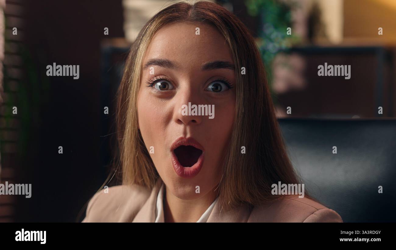 Close up shocked stunned Caucasian business woman female girl ...