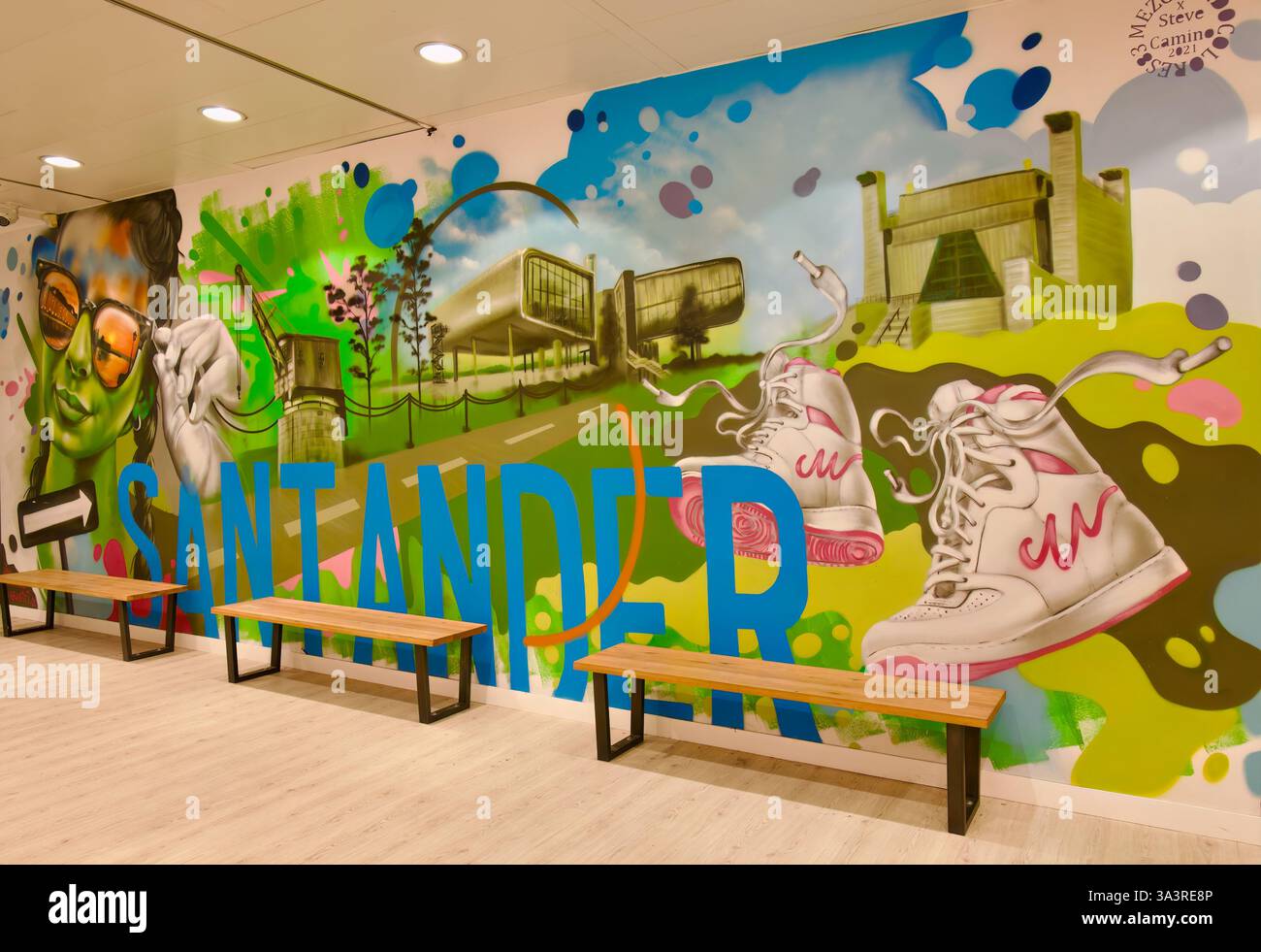 Tourist wall murals in a corridor inside shopping mall El Corte Ingles ...