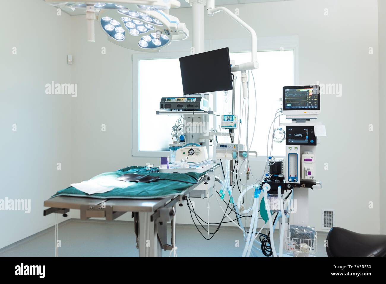 Empty sterile operating veterinary room with surgical instruments and ...