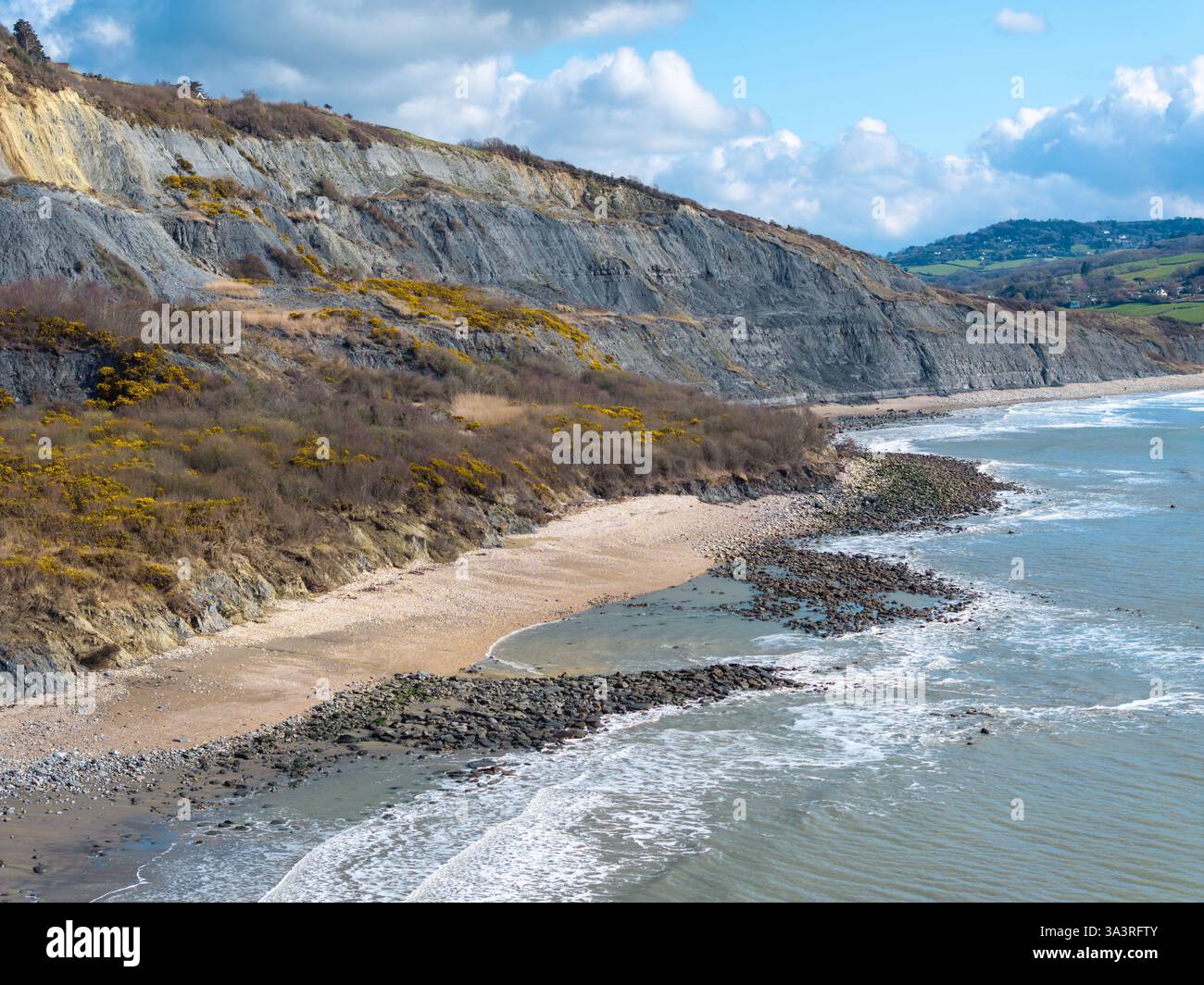 Aerial view of the Jurassic coast near Lyme Regis in Dorset. Clear view ...