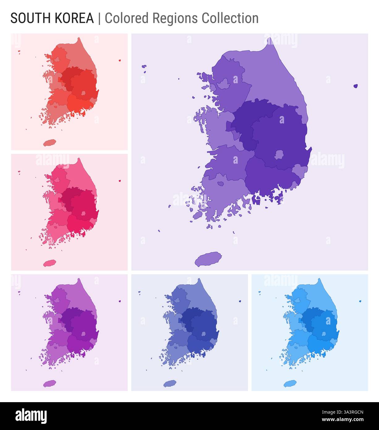 South Korea map collection. Country shape with colored regions. Deep ...