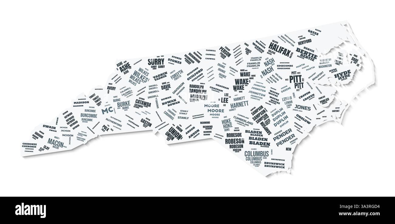 North Carolina shape text cloud. State border with shadow on white ...