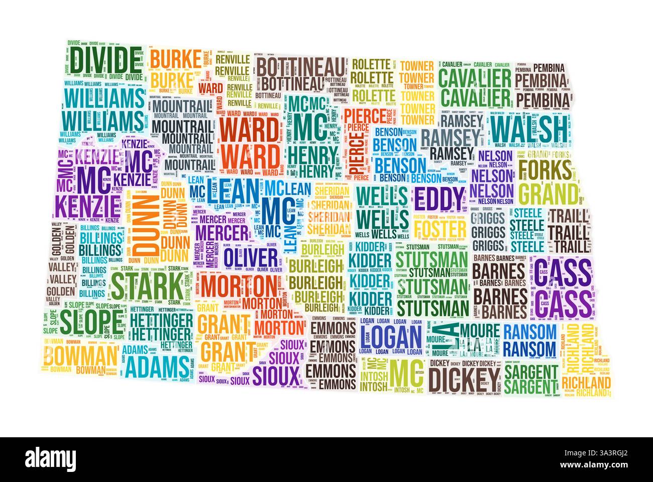 North Dakota county word cloud. State shape design. North Dakota ...