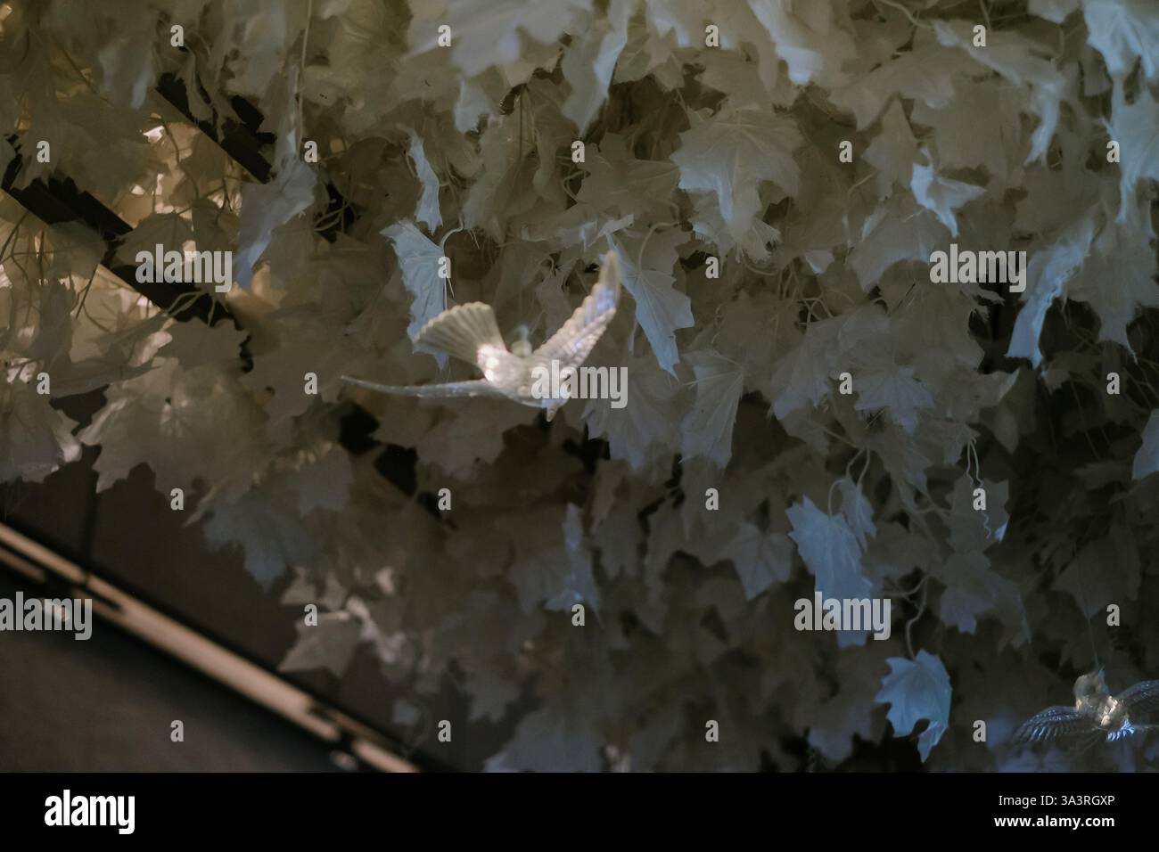 An artistic indoor installation featuring faux white foliage creating a ...