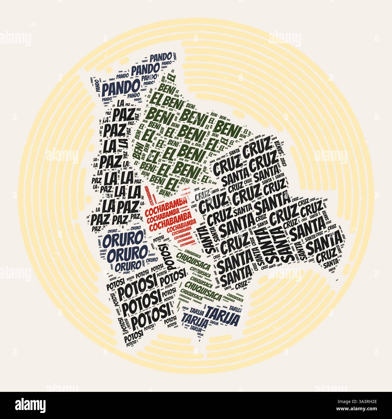 Bolivia Round Poster. Typography style image of Country. Regions word ...