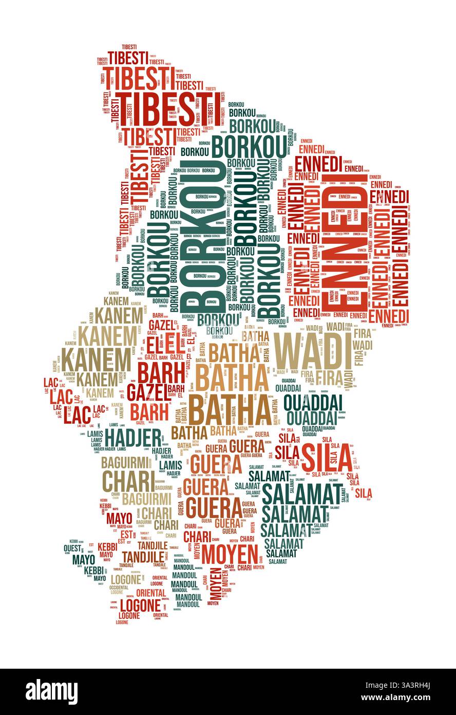 Chad Word Cloud. Country shape with region division. Chad typography ...